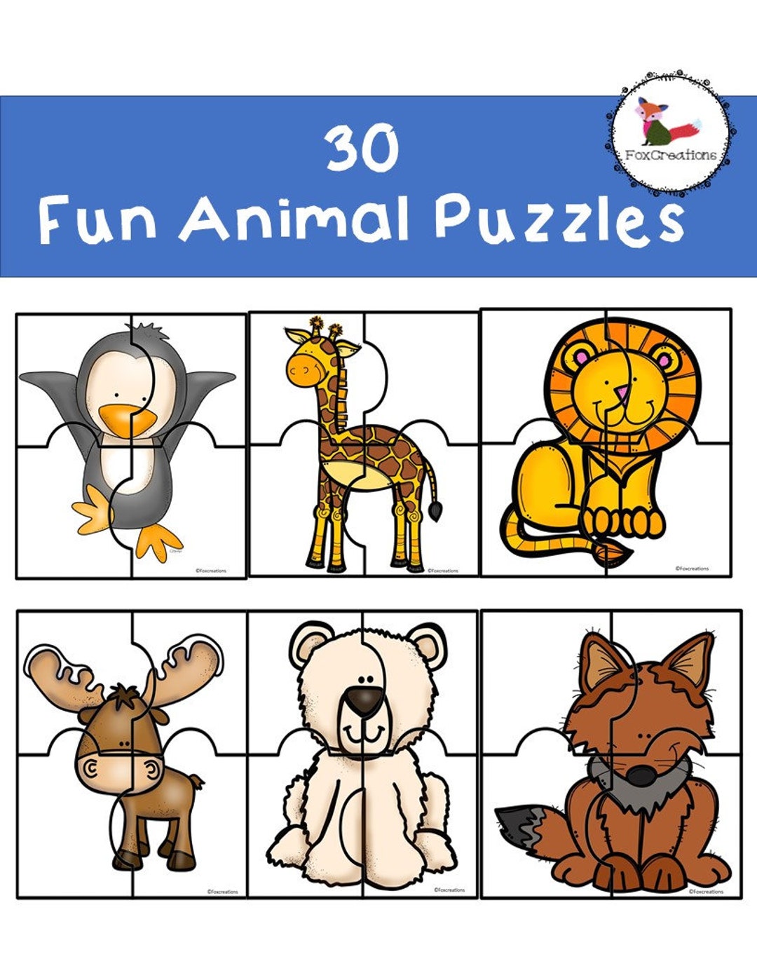 30 Animal Puzzles for Kids, Printable Animal Puzzles, Fine Motor, Early ...