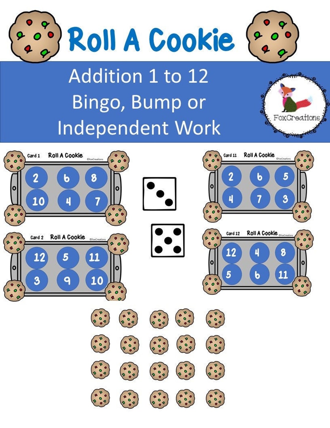 Roll a Cookie Basic Addition Game, File Folder Game, Bingo Game ...