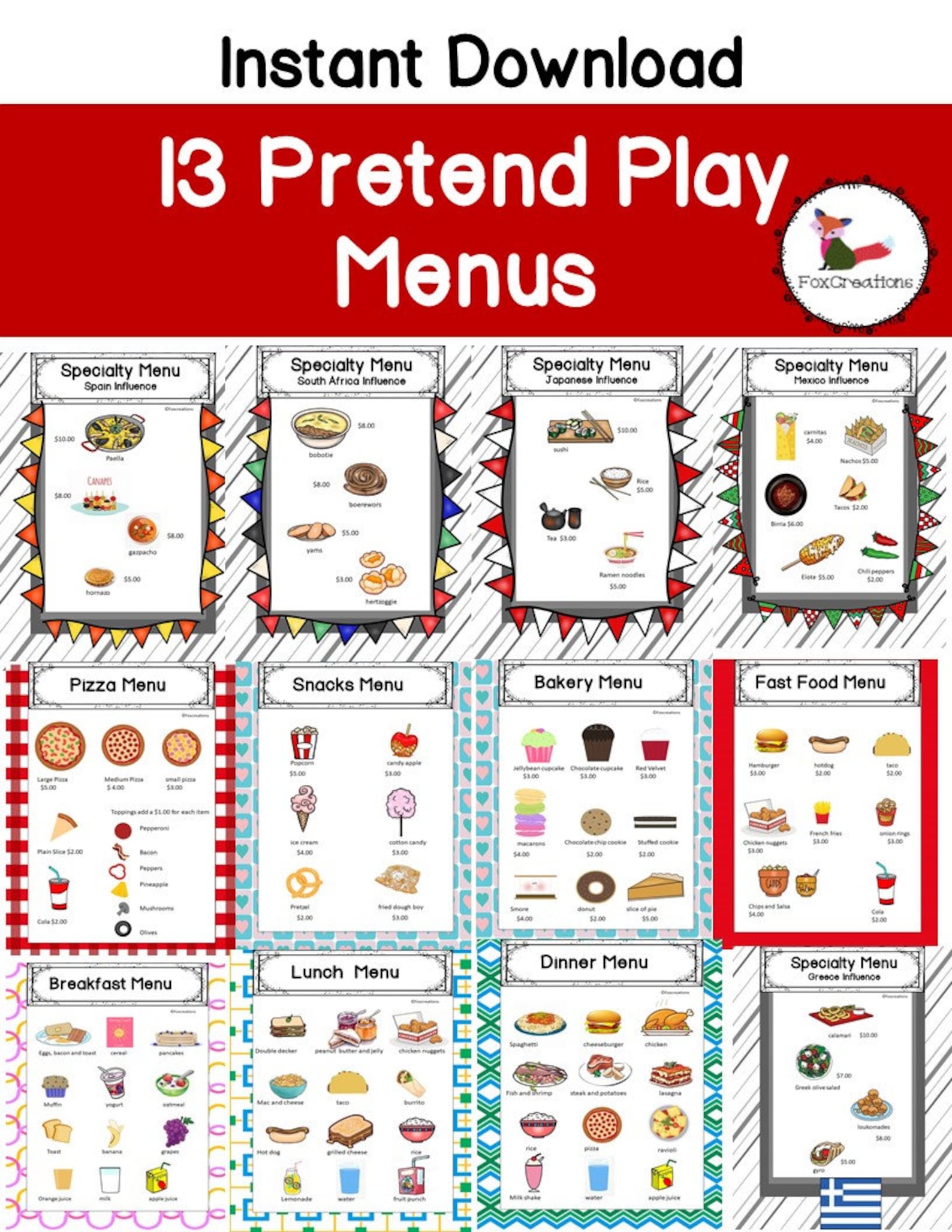 Pretend Play Menus, Restaurant Play, Kids Menu, Pizza Menu, Preschool ...