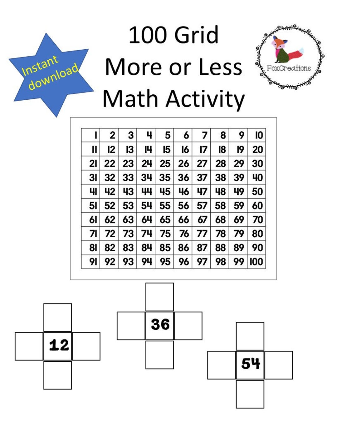 One Hundred Chart More or Less Activity/ Number Sense Practice/ Math ...