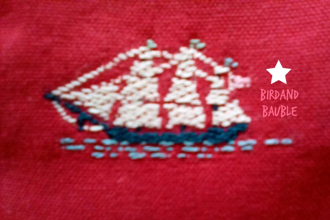 Vintage Woven Sailing Ship Red Fabric, Vintage Nautical Tapestry Style ...