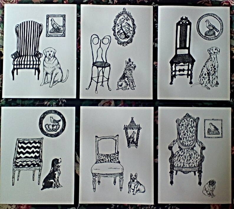 Dalmatian Dog Print With Antique Chair and Bird in Black and White - Etsy