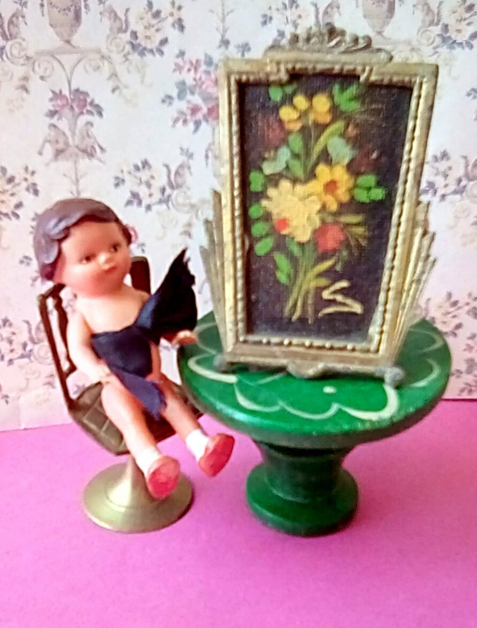 Hand Painted Floral Doll House Table/green Doll House Table - Etsy