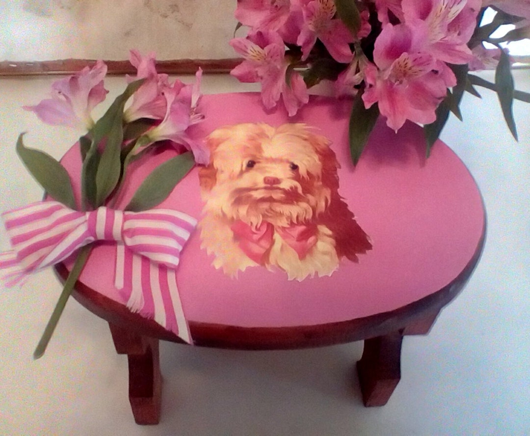 Pink Puppy Wooden Stool for Children, Decoupage Stool - Etsy