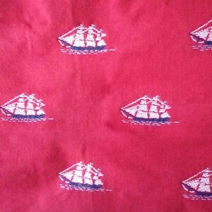 Vintage Woven Sailing Ship Red Fabric, Vintage Nautical Tapestry Style ...
