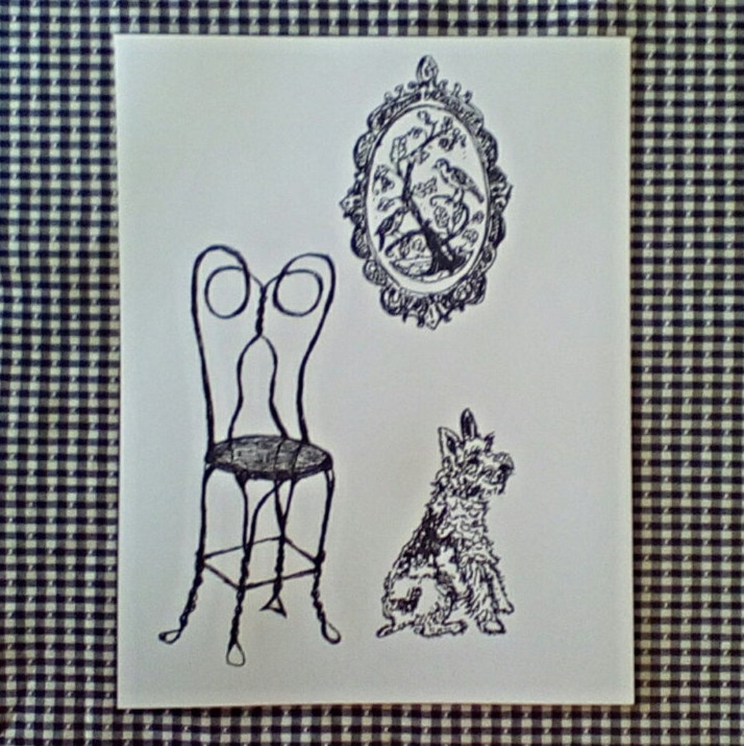 Terrier Dog Print With Antique Chair and Bird in Black and White - Etsy