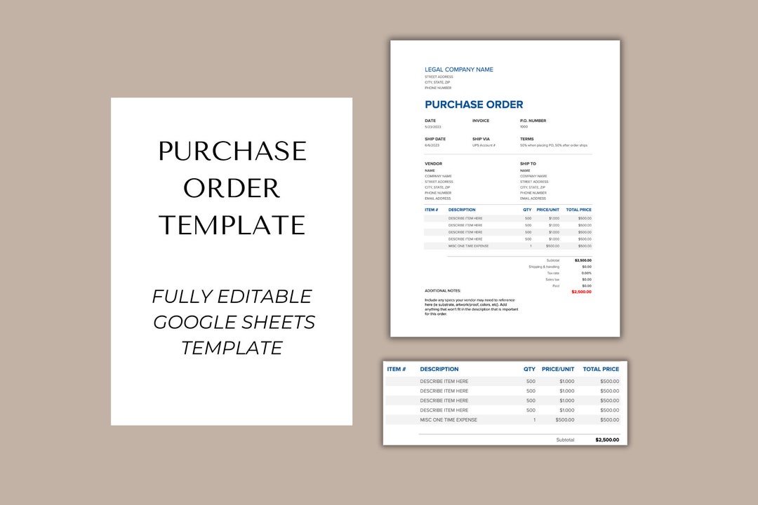 Purchase Order Template, for Google Sheets DIGITAL DOWNLOAD Editable ...