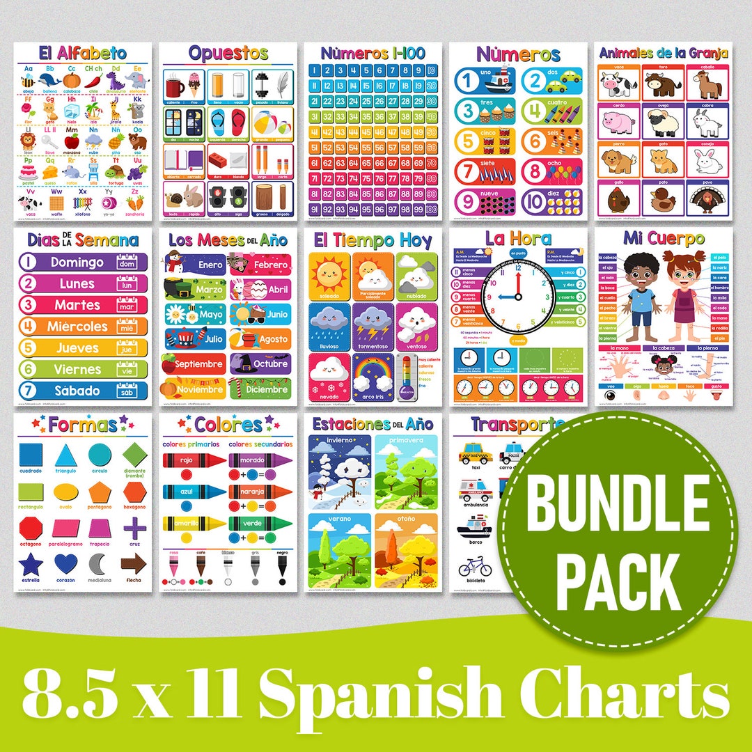 Spanish Educational Charts for Kids Bundle of 14 Bilingual Classroom ...