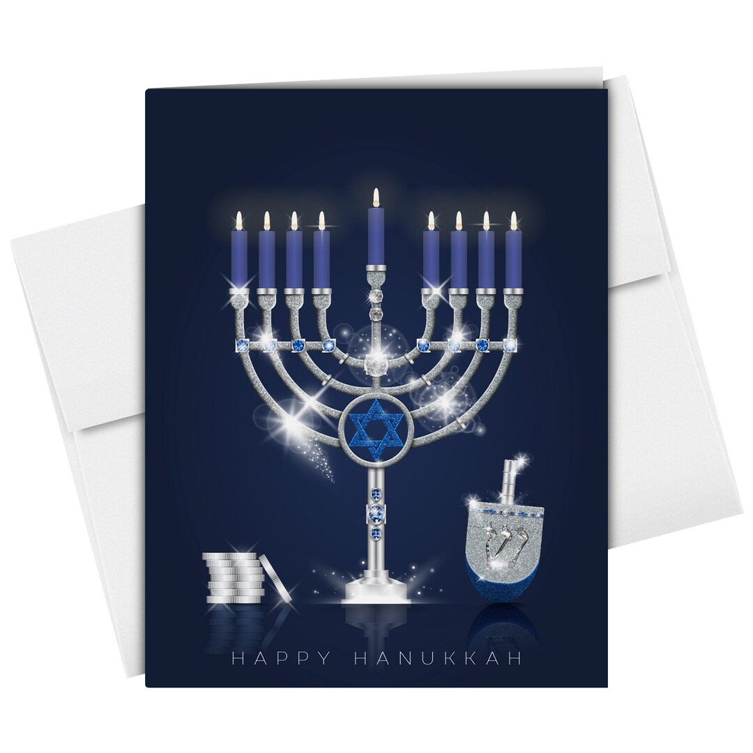 Happy Hanukkah Greeting Cards Elegant Blue Menorah, Dreidel, Silver ...