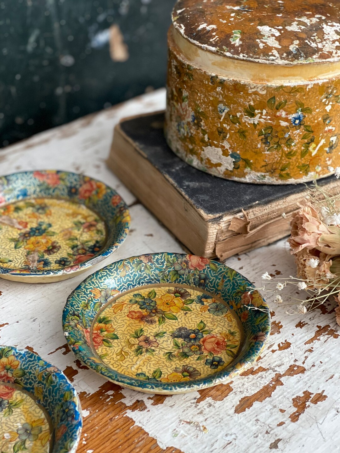 Vintage Paper Mache Coasters/ Floral Design/ Rustic/ Tea Party/ Coaster ...