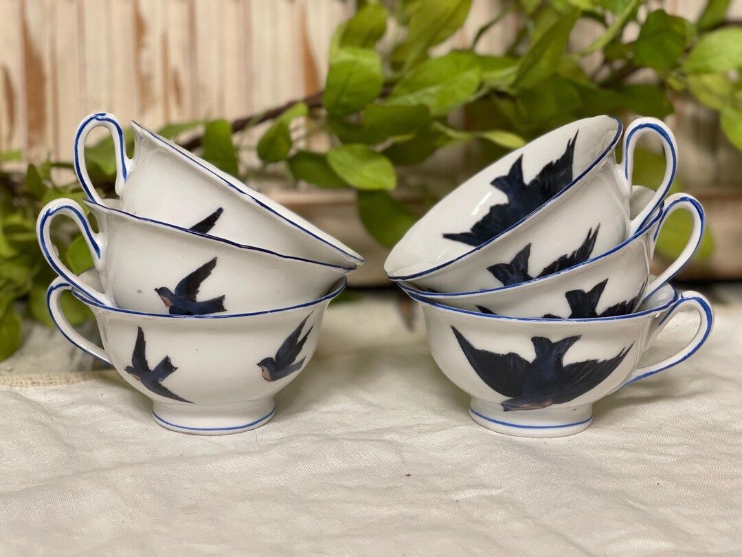 Set of Six Vintage Tea Cups/ Bluebirds/ Tea Party/ Cottage Decor ...