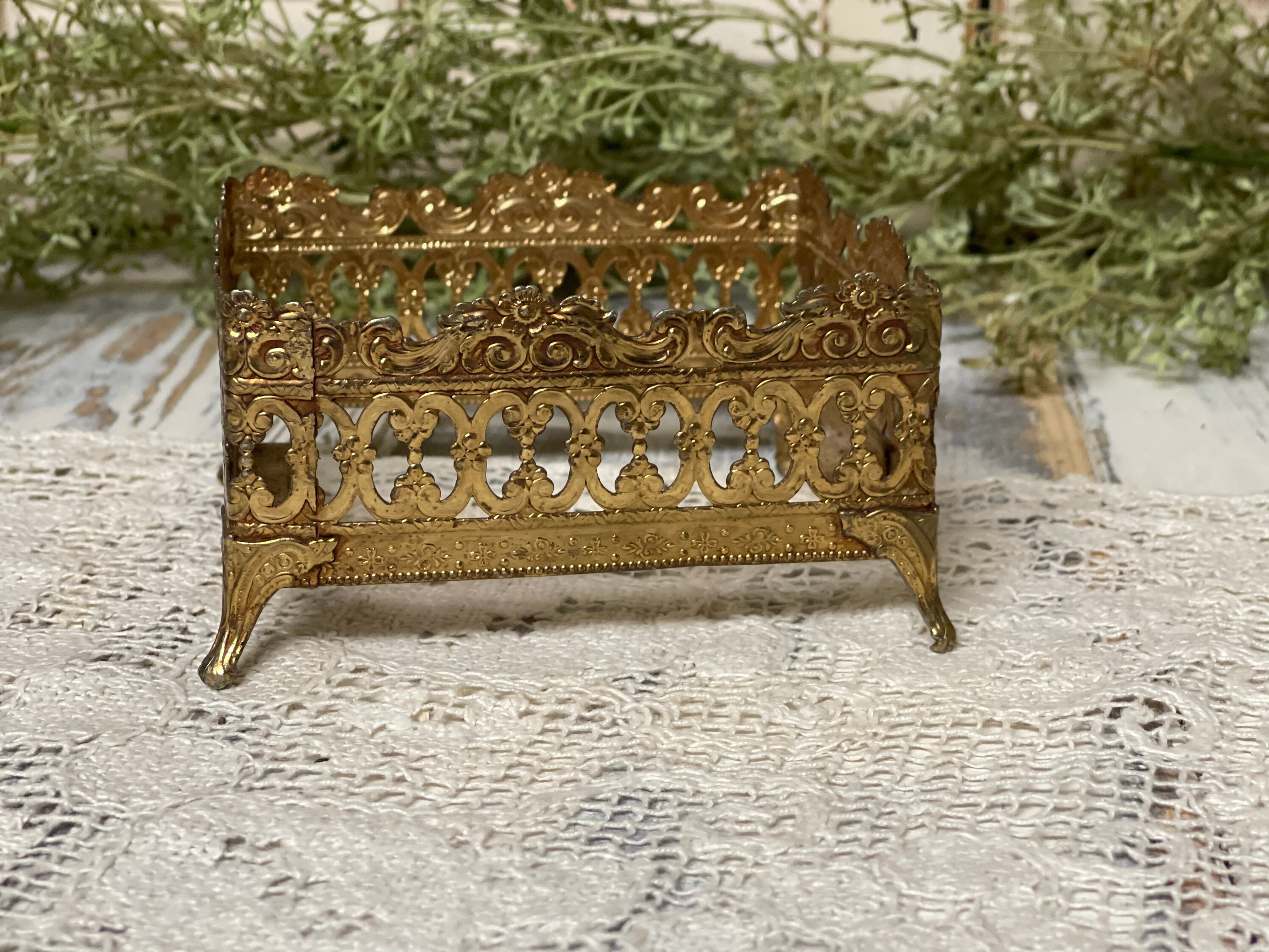 Vintage Gold Metal Square Base/ Footed Base/ Display/ Thin Gold Metal ...