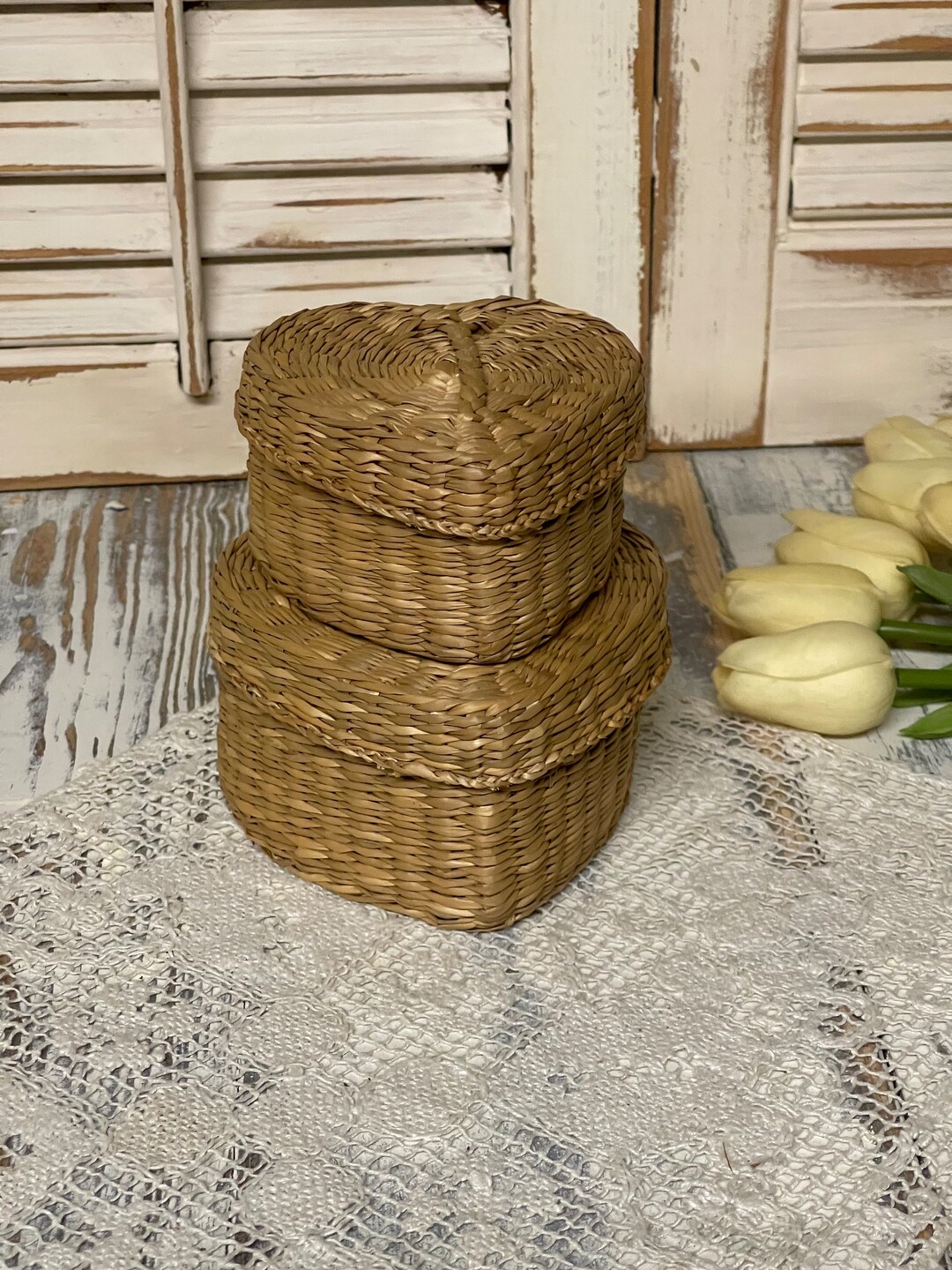 Hand Woven Baskets/ Heart Shaped/ Set of 2/ Nesting Baskets/ Basket ...