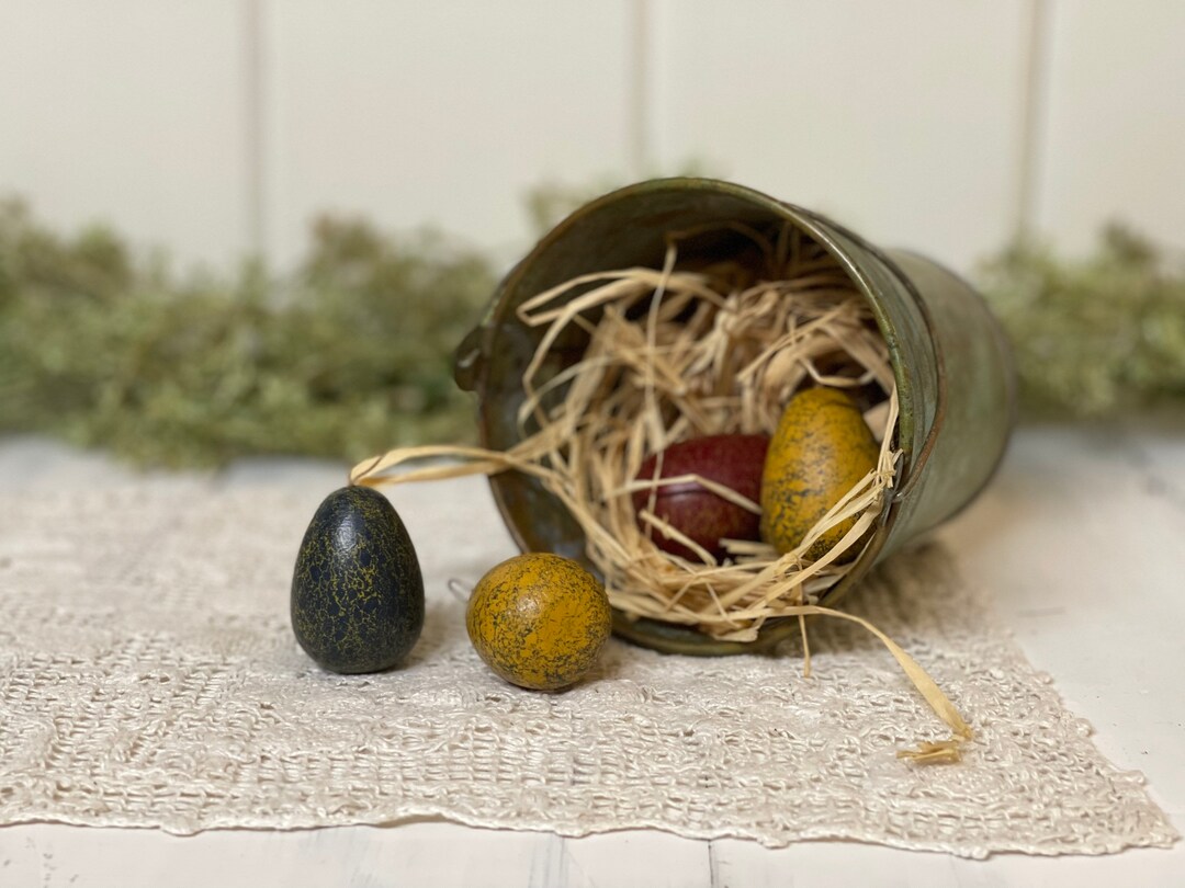 Beautiful Small Galvanized Bucket With Eggs/ 5 Wooden Eggs/ Yellow Egg ...