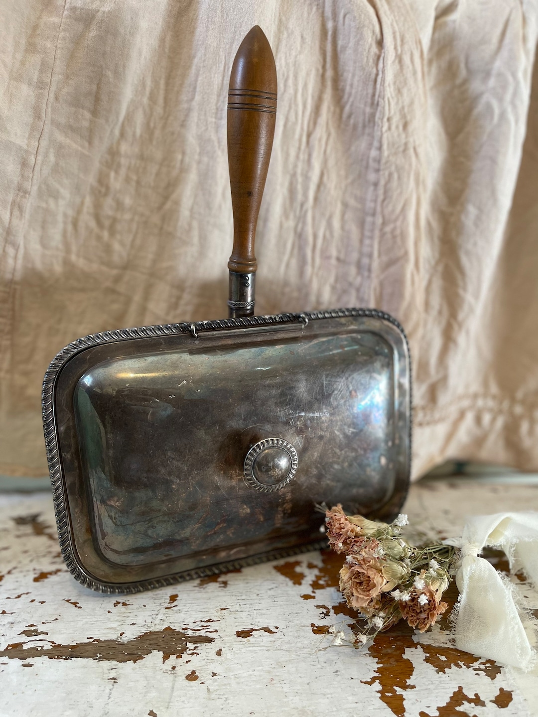 Vintage Silver Silent Butler/ Crumb Catcher/ Wood Handle/ Made in ...