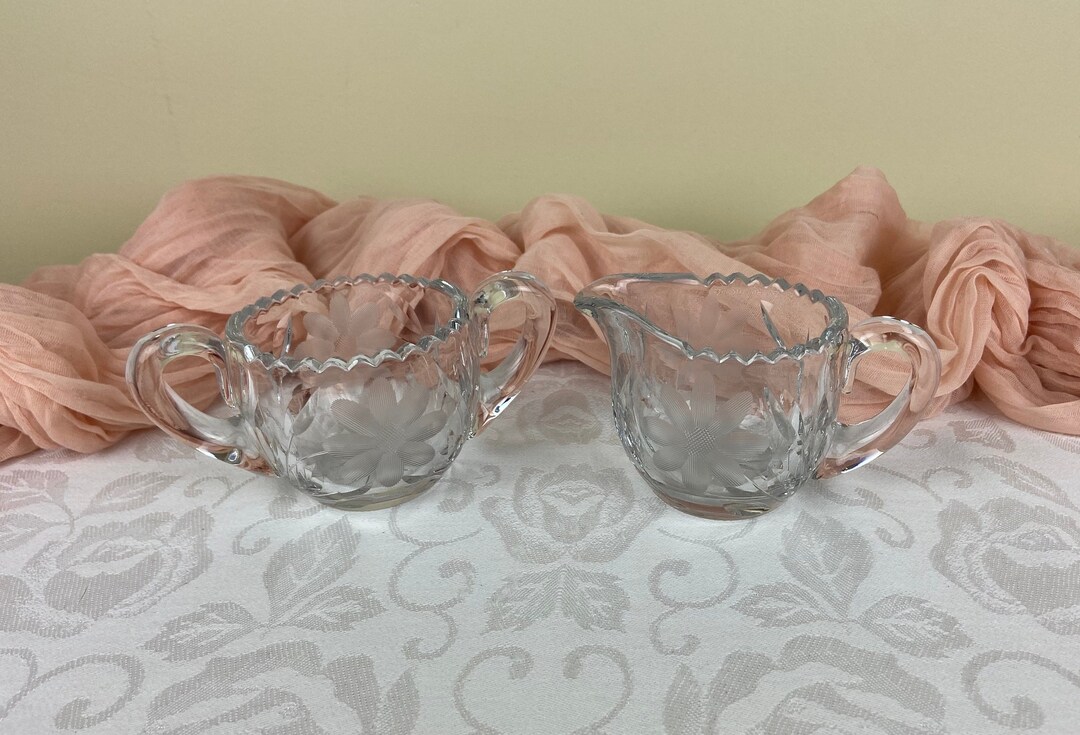 Vintage Lead Glass Etched Floral Creamer And Sugar Set ~ Heavy Cut