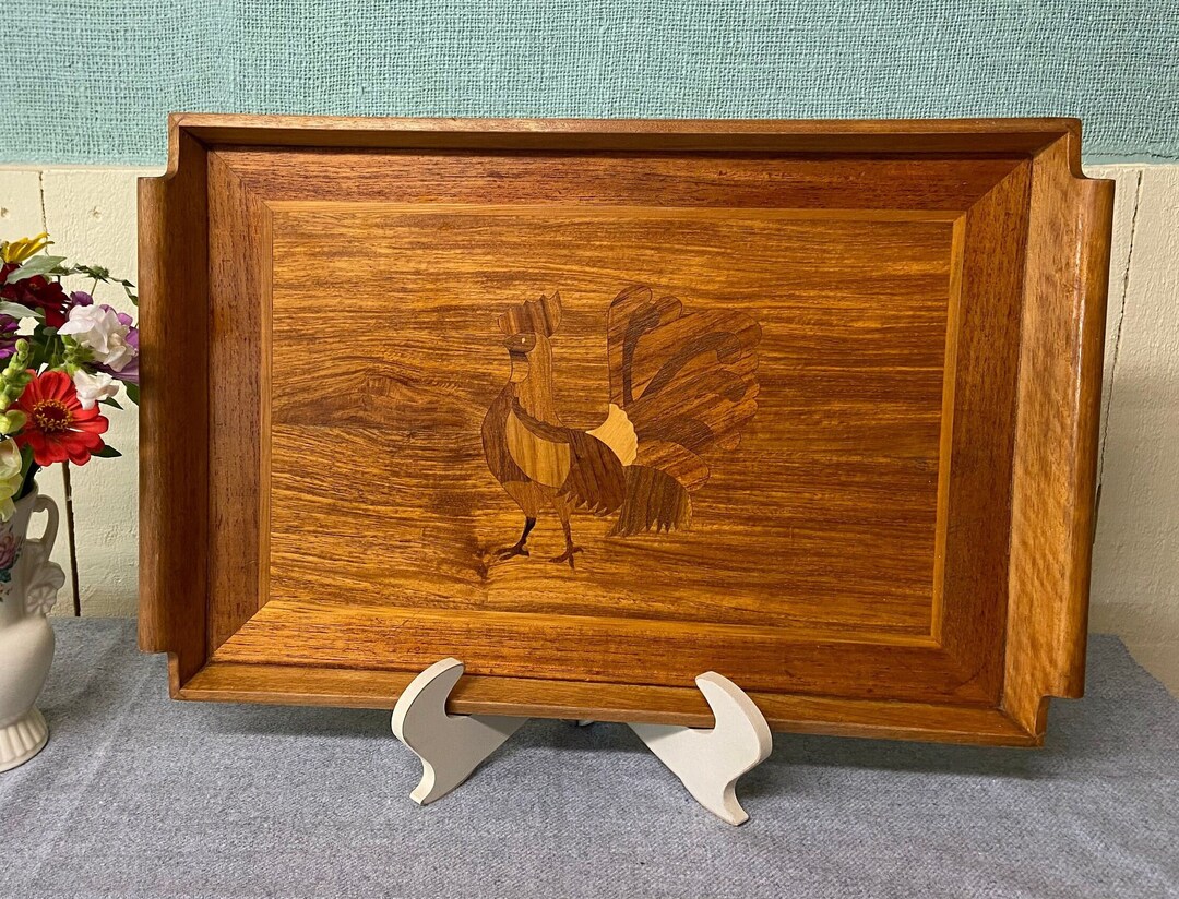 Vintage Wooden Rooster Tray ~ Rooster Inlay With Multiple Wood Types ...