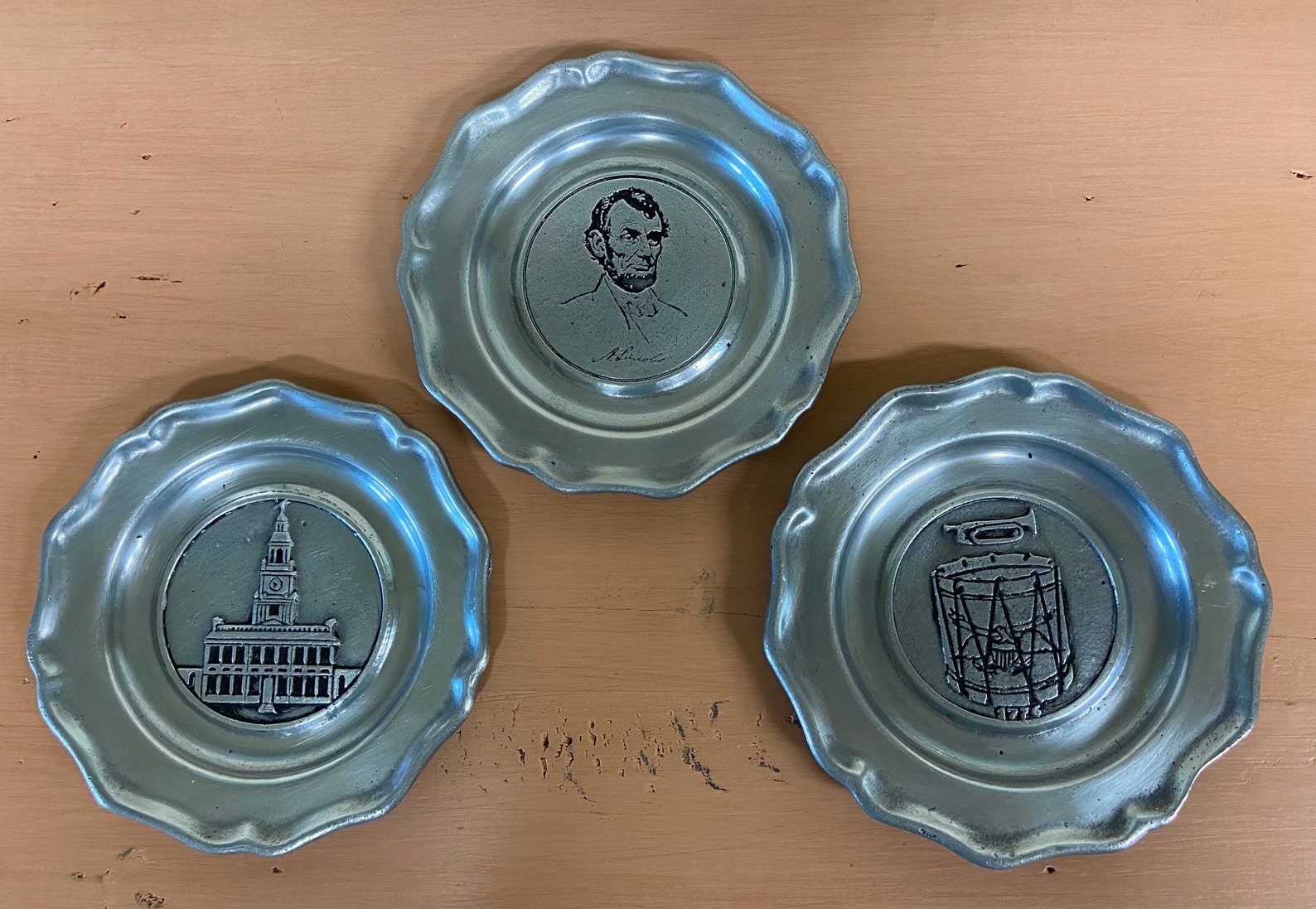 Vintage Historical Pewter Plates ~ Indepenence Hall ~ Abraham Lincoln ...
