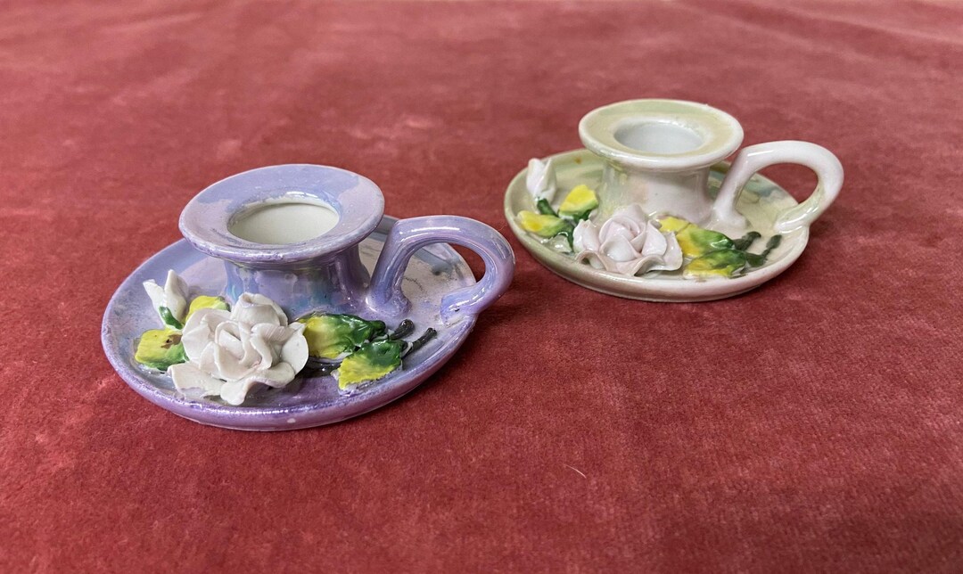 Vintage German Candle Holders ~ Light Green and Light Purple Lusterware ...