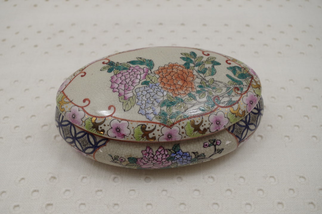 Vintage Trinket Box ~ Porcelain Oval Shape Trinket Box ~ Raised Floral ...