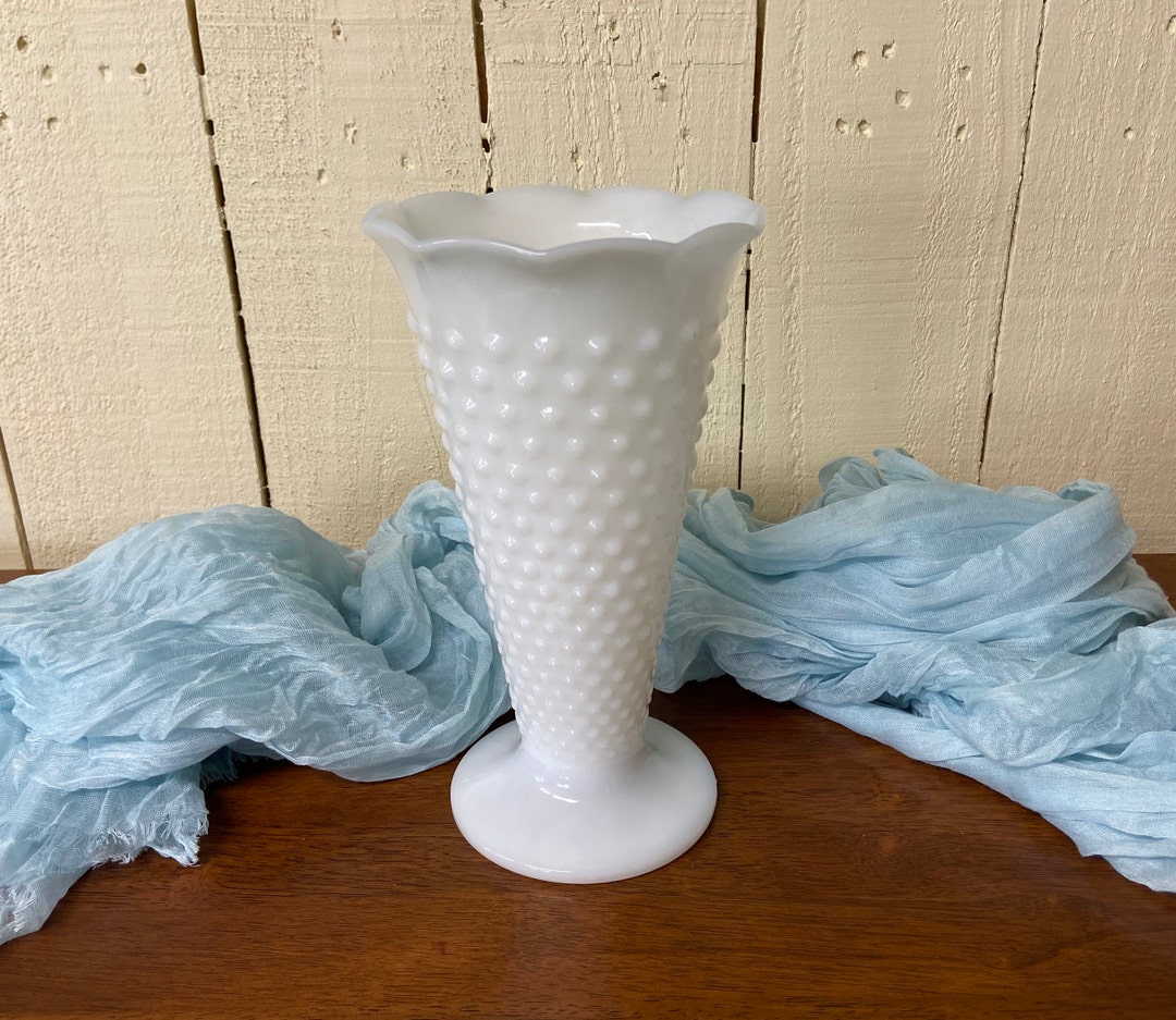Vintage White Glass Hobnail Fluted Vase ~ Milk Glass Hobnail Vase ~ 9 ...