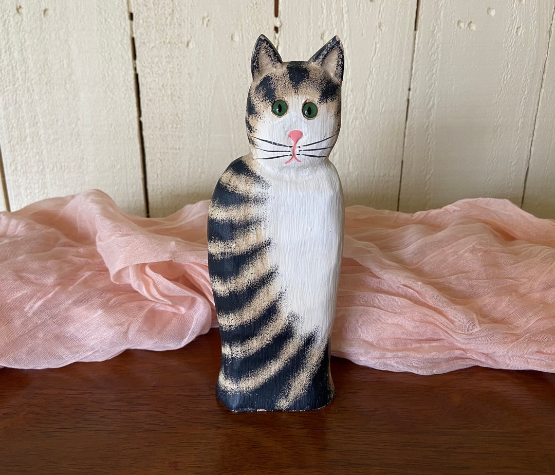 Vintage Wood Cat Handcarved Handpainted Wood Cat Made in the ...