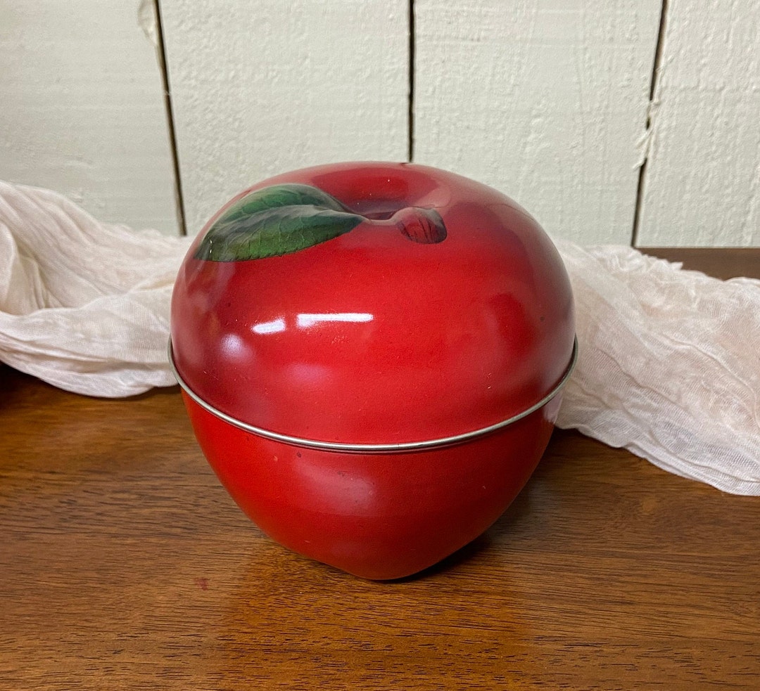 Vintage Tin Apple Shape Canister ~ Red Apple Tin Canister ~ Metal Red ...