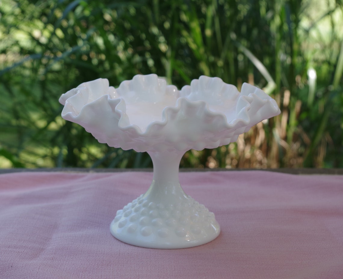 Fenton Milk Glass Vintage Hobnail Pedestal Dish Ruffle | Etsy