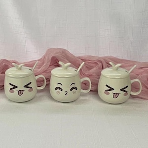 Expression Face Mugs ~ Set of 3 Ceramic Expression Face Lidded Mugs ...