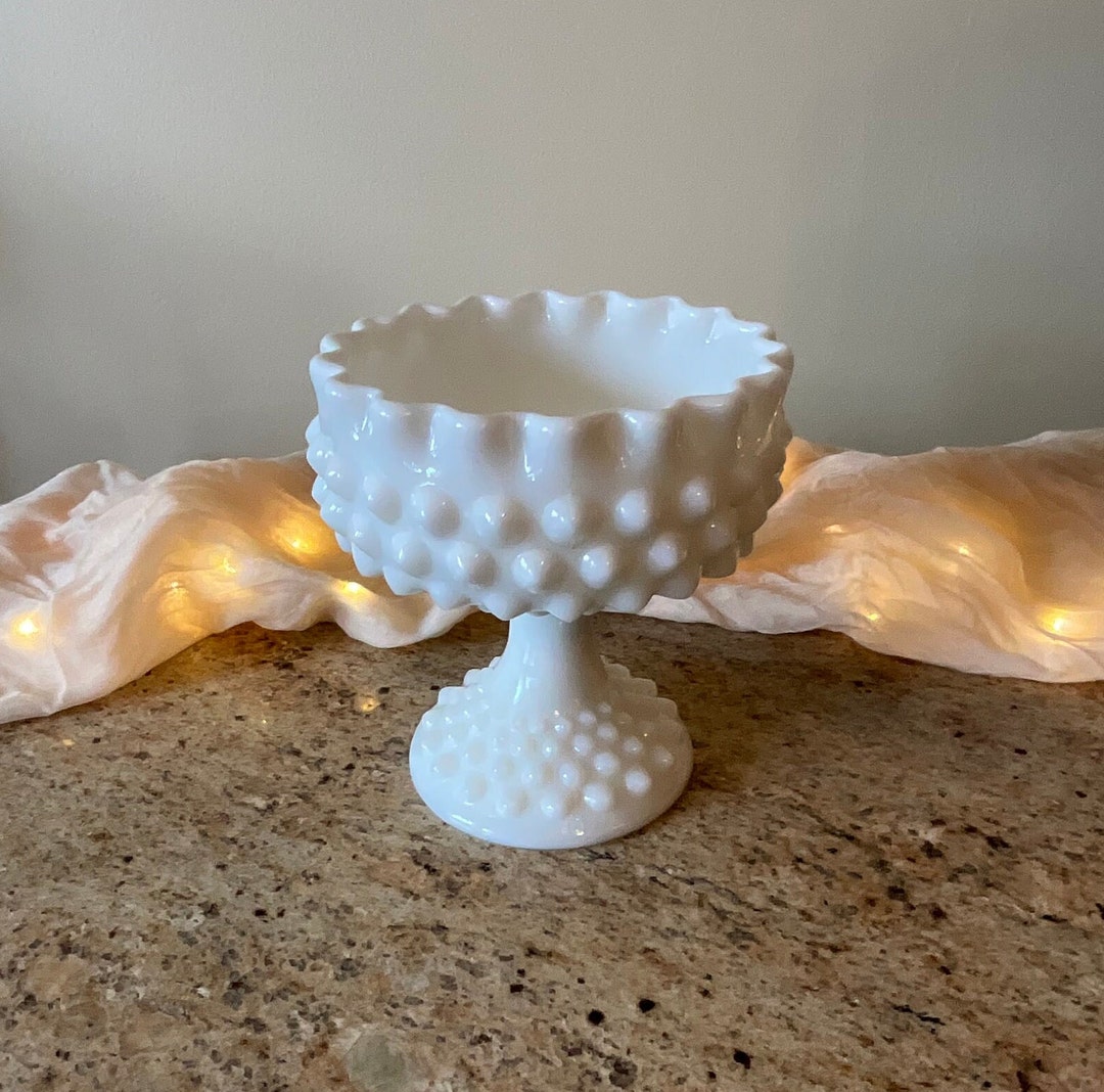 Vintage Hobnail Compote White Glass Pedestal Bowl Unmarked Fenton ...