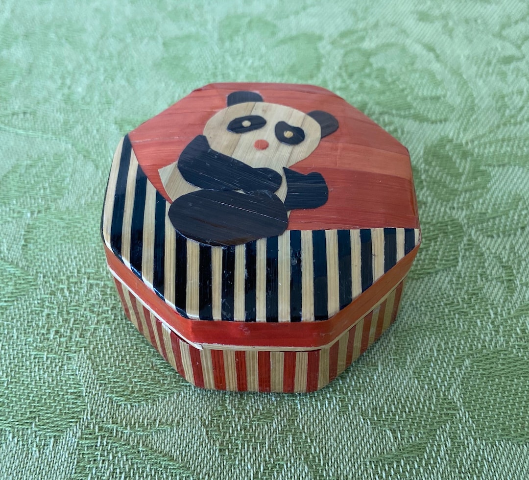 Vintage Bamboo Straw Panda Trinket Box Panda Jewelry Box Panda Trinket ...