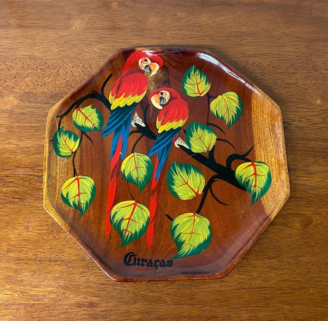 Vintage Handpainted Wood Souvenir Plate ~ Curacao Parrots ~ Curacao ...