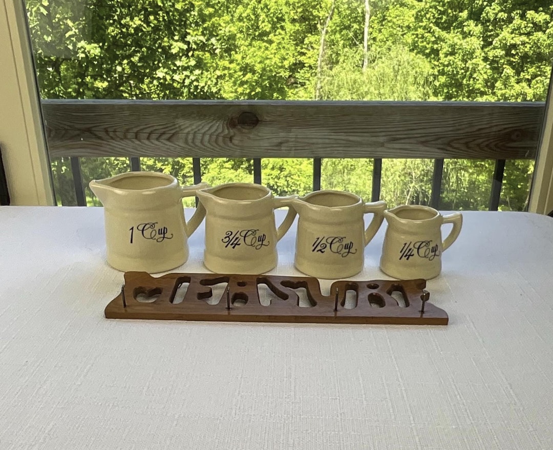 Vintage Set of Wall Hanging Measuring Cups ~ Beige Stoneware With Blue ...