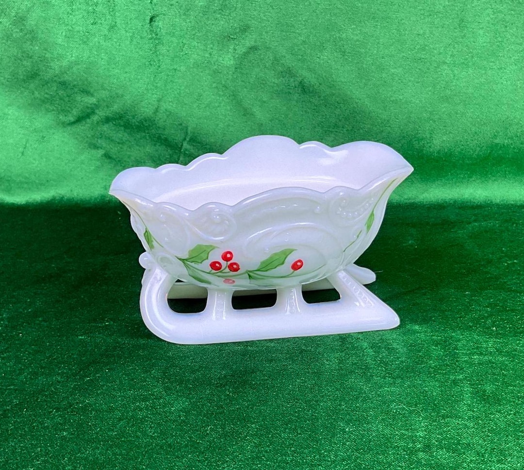 Vintage Westmoreland Sleigh ~ Milk Glass Hand Painted Holly Berry ...