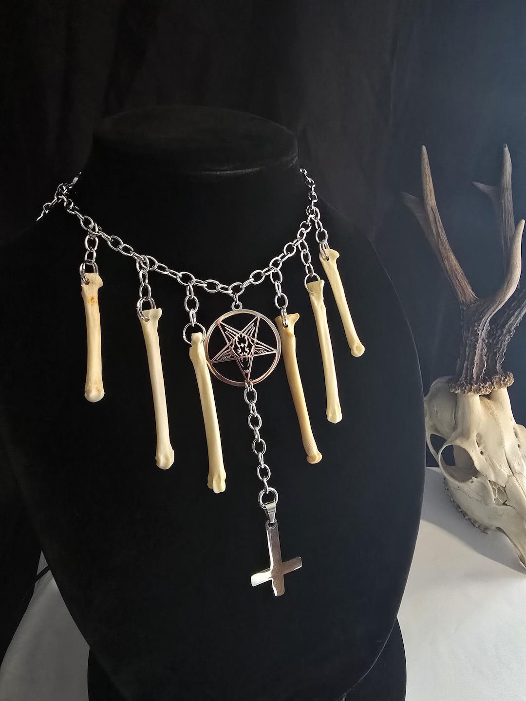 Baphomet Rosary, Gothic, Bone Necklace, Satanic, Satan Necklace, Bone ...