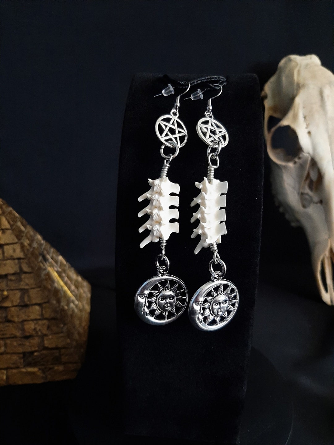 Sun Moon Earrings, Rattlesnake Vertebrae Earrings, Witch Earrings, Bone ...