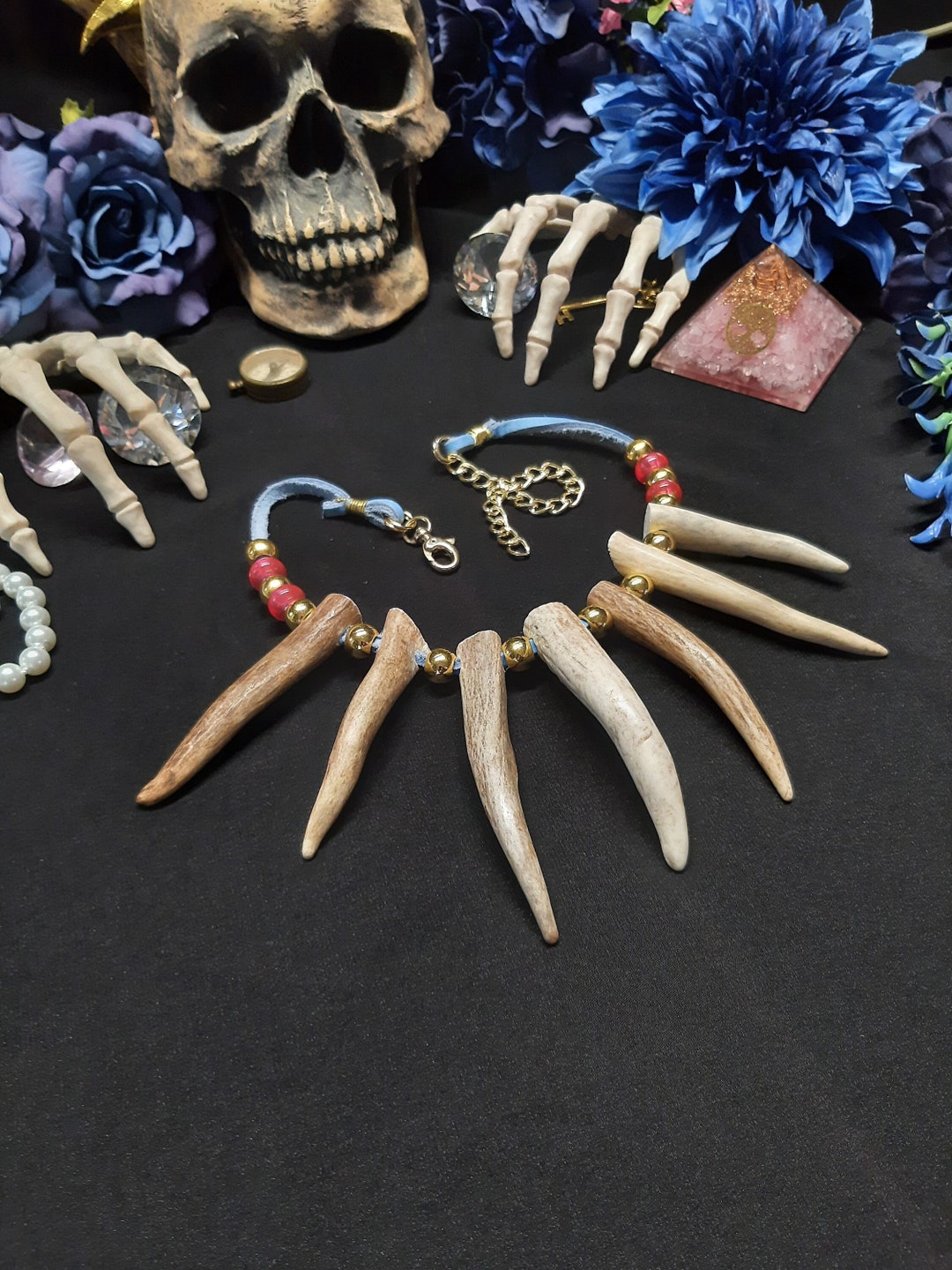 Gold Blue Pink Antler Necklace, Antler Jewelry, Bone Necklace, Festival ...