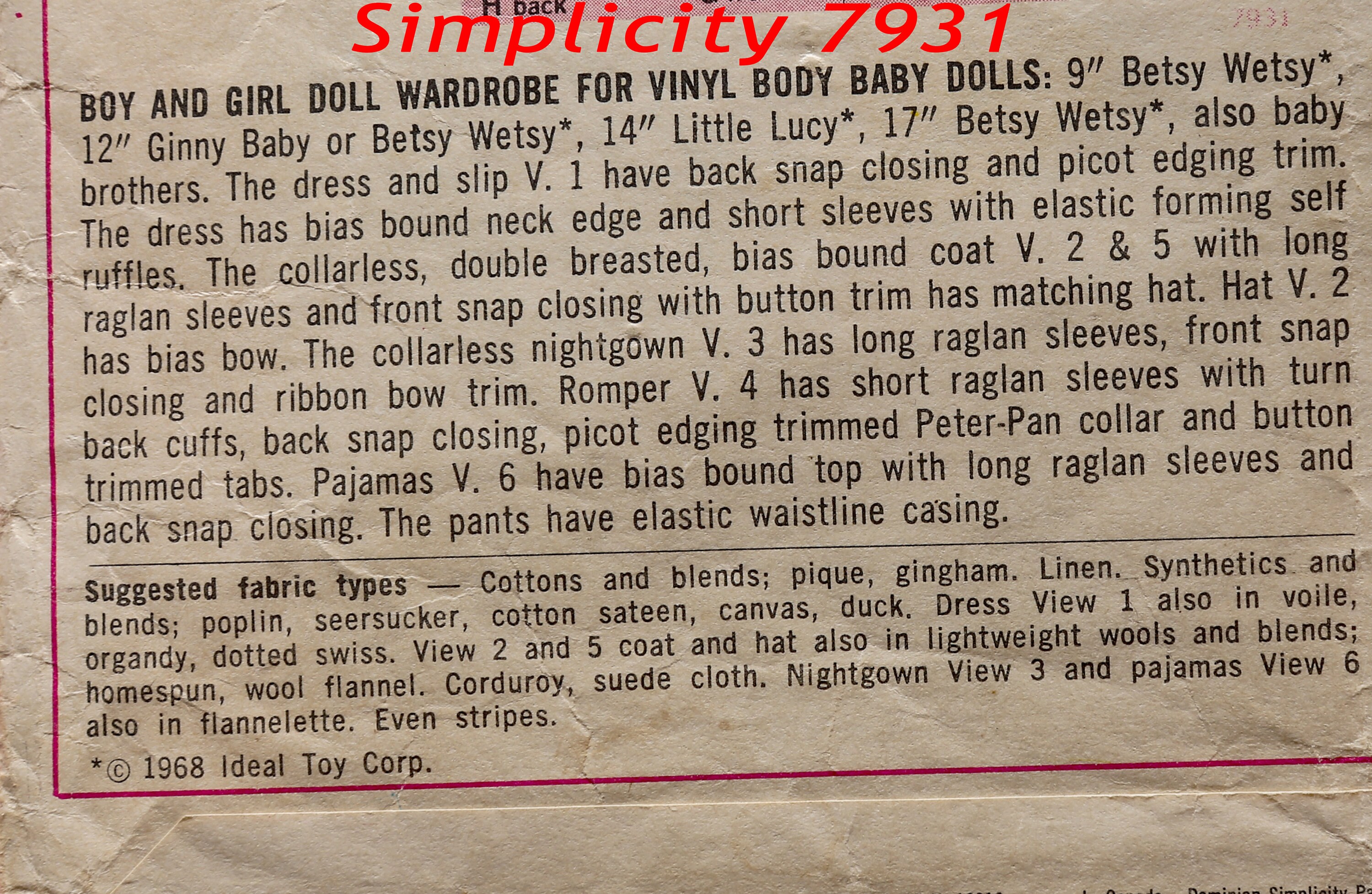 Mccalls 7775 Simplicity 7931 Doll Clothes Pattern LOT Vintage 1968 1981 ...