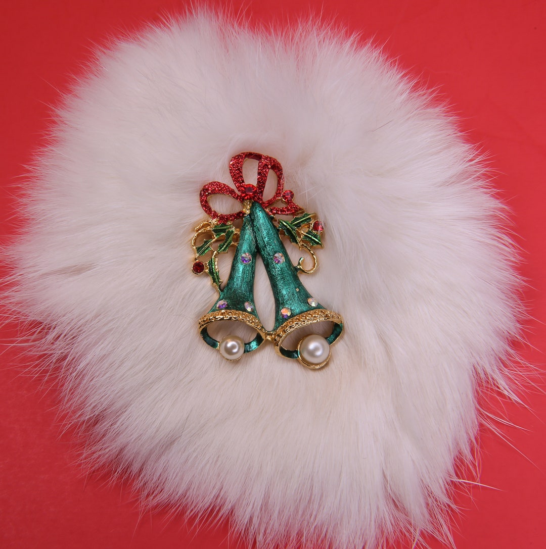 Christmas Rhinestone Bell Brooch Vintage Double Bell Faux Pearl ...
