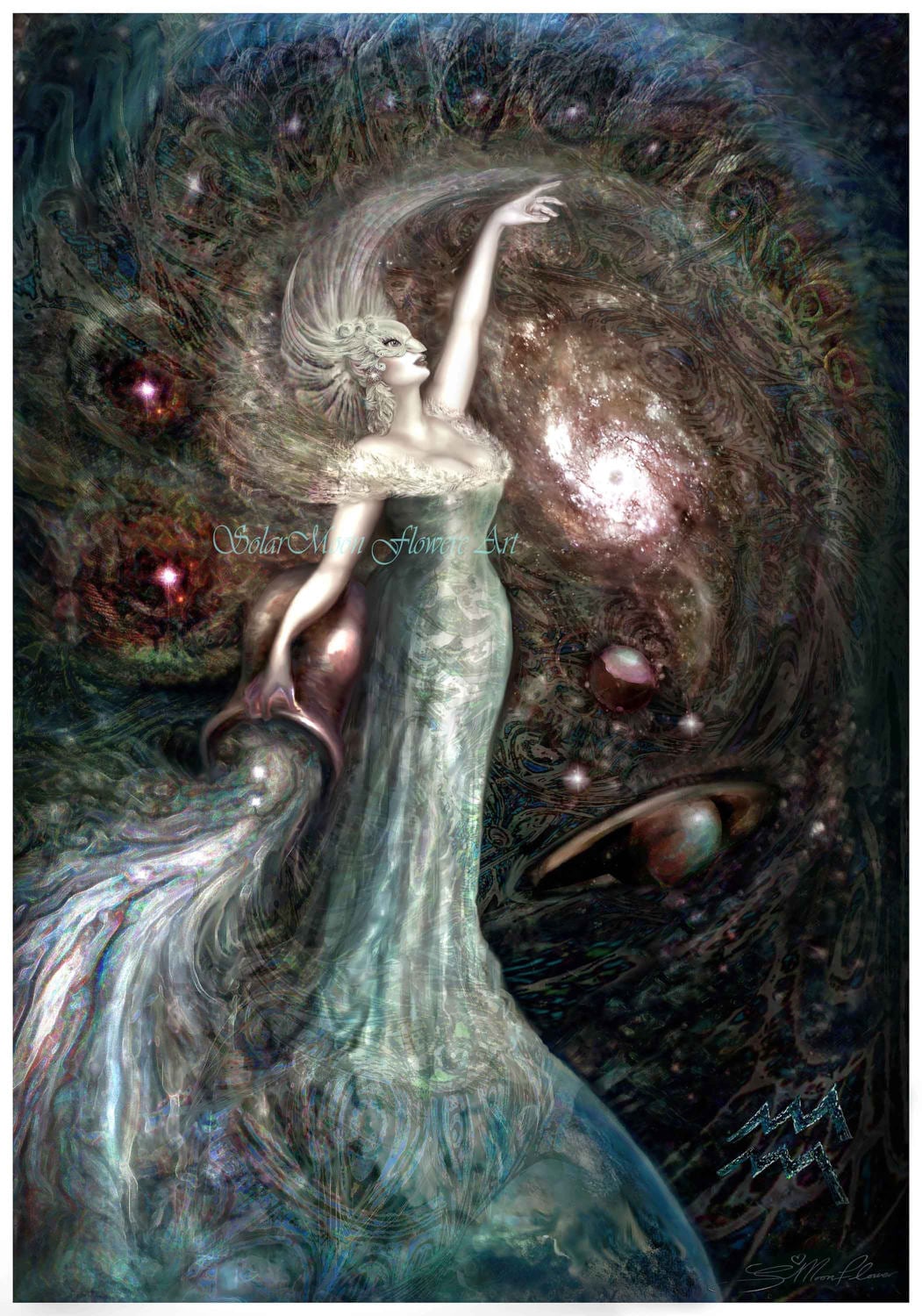 Star Sign Art Handmade Zodiac Sign Aquarius Goddess Linocut Relief ...