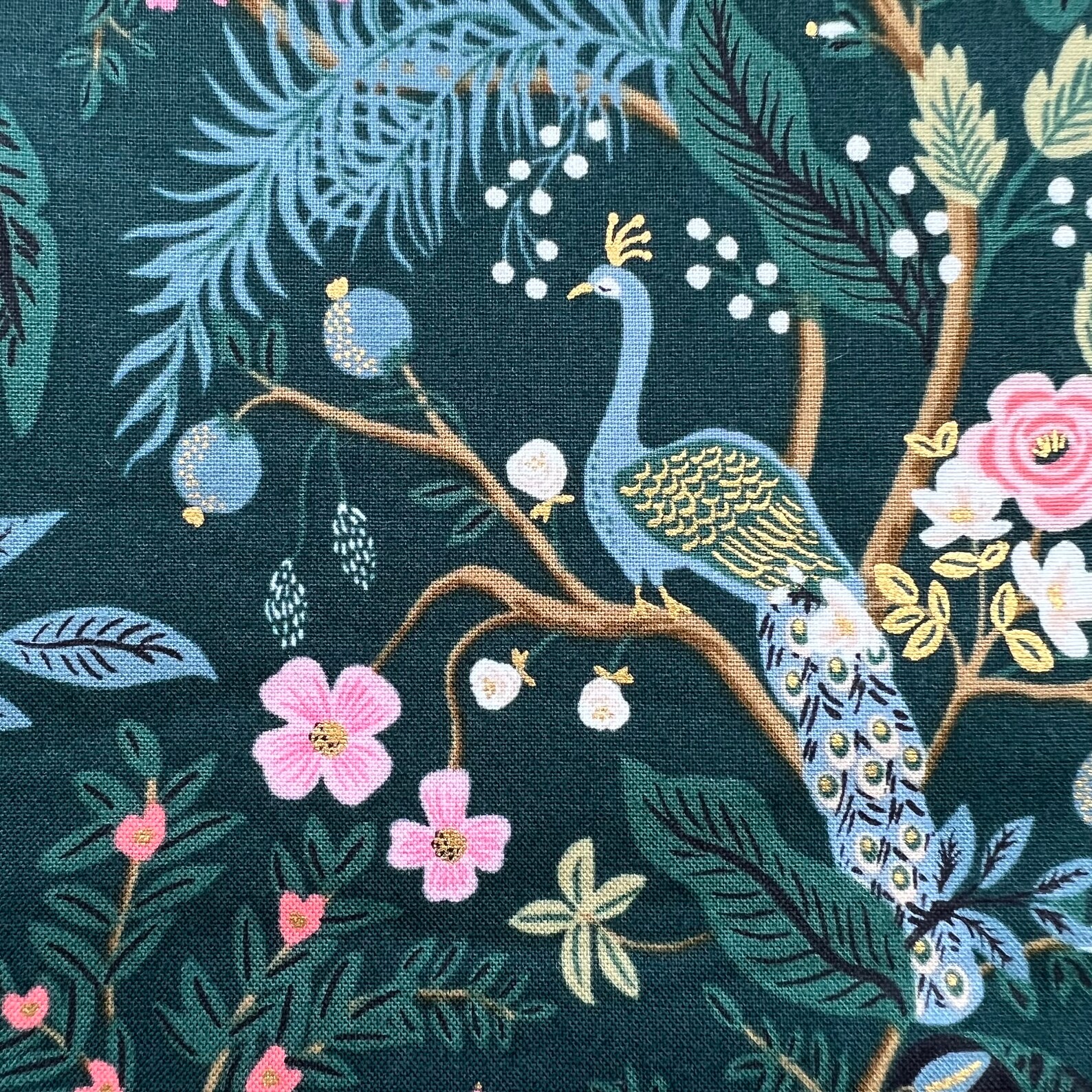Rifle Paper Co Vintage Garden Peacock Metallic in Hunter Green Fabric ...