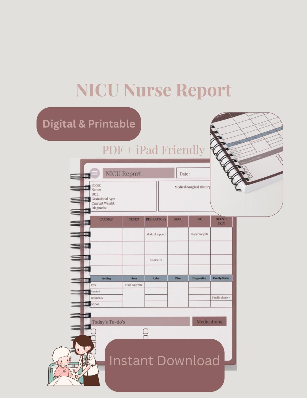 NICU Report Sheet, NICU Brain, Baby Nurse Report, Neonatal ICU Nursing ...