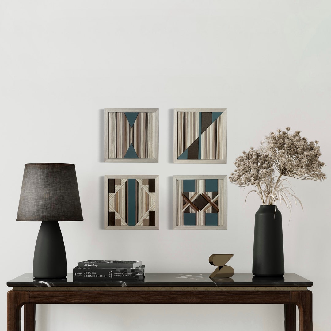 Set of 4 Abstract Fabric Art Pieces Contemporary Handcrafted Framed ...