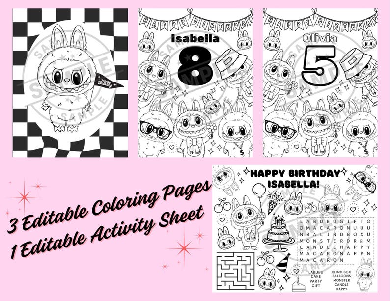 Labubu Theme Birthday Coloring Pages Pack – Editable & Printable ...