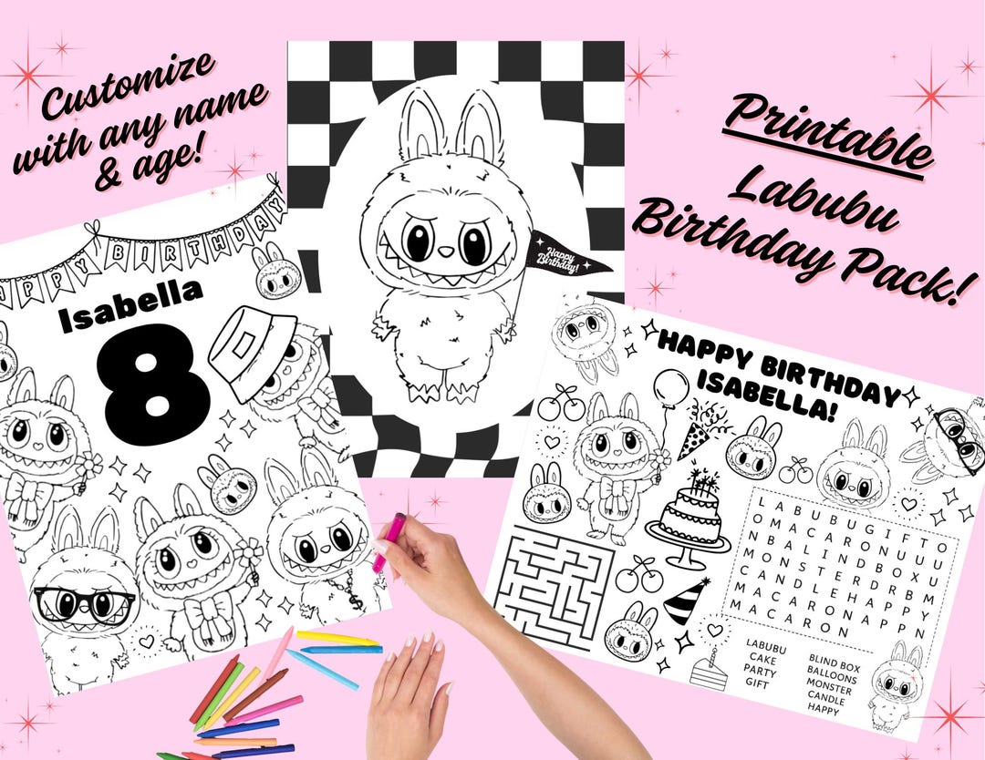 Labubu Theme Birthday Coloring Pages Pack – Editable & Printable ...