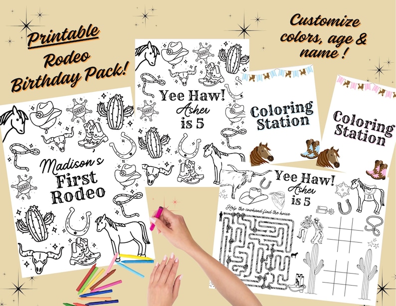 Rodeo Birthday Party Printable Set – Editable Coloring Pages, Activity ...