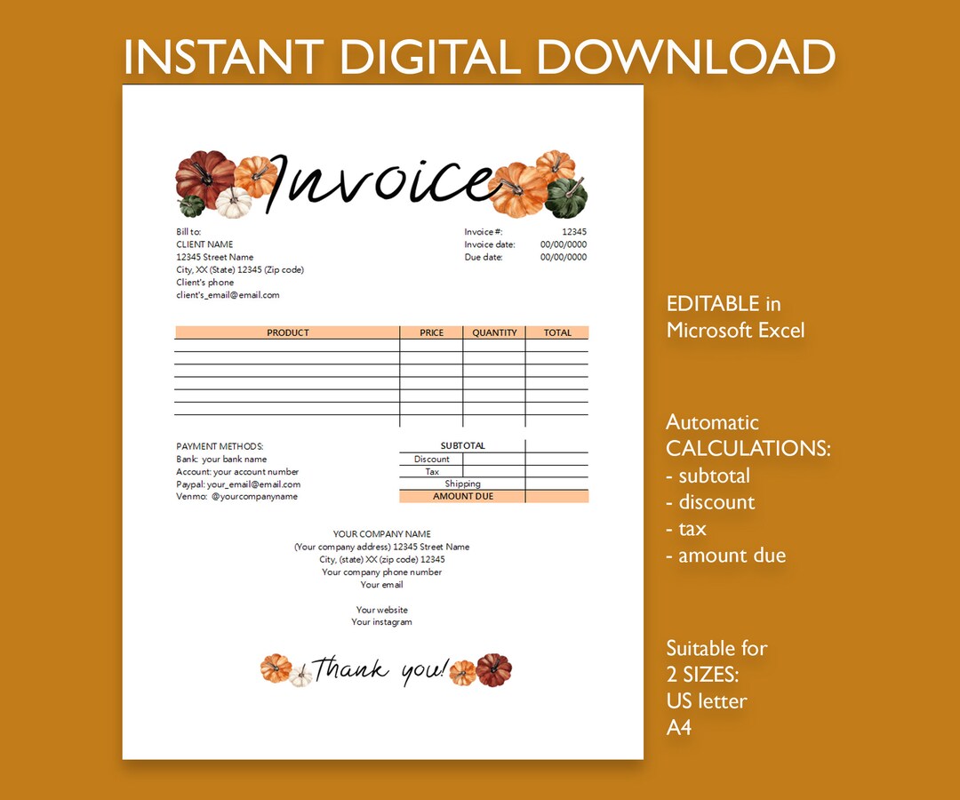 Invoice Template Download With Pumpkins for Fall Orders - Etsy