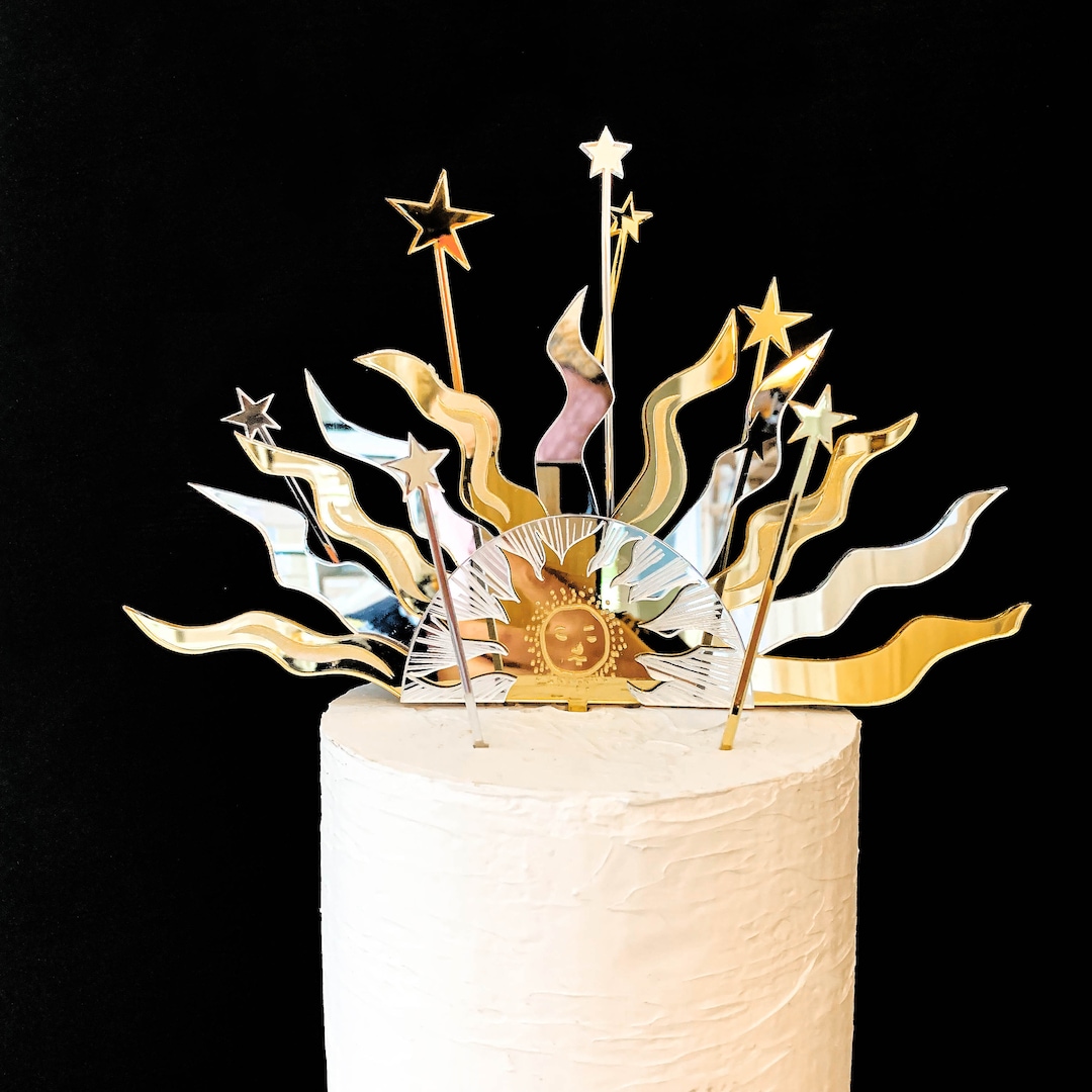 Golden Sun & Stars Cake Topper – Celestial Mirror Acrylic Decoration - Etsy