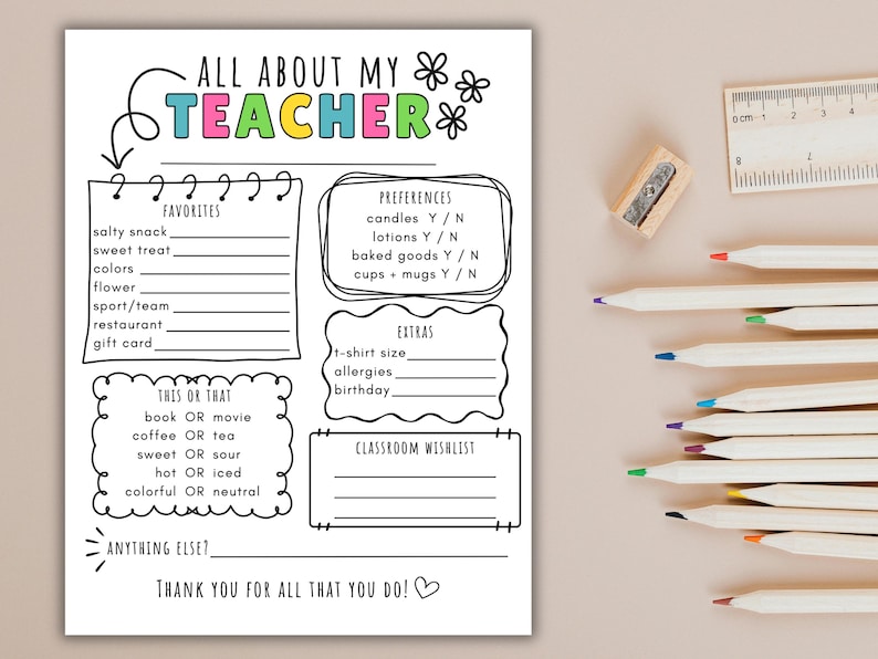 Editable Teacher Favorites Printable: All About My Teacher ...