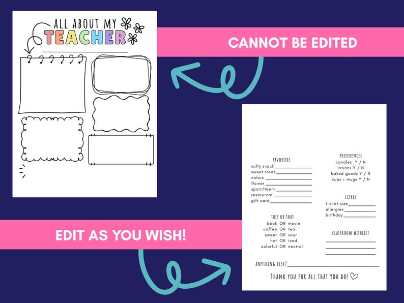 Editable Teacher Favorites Printable: All About My Teacher ...